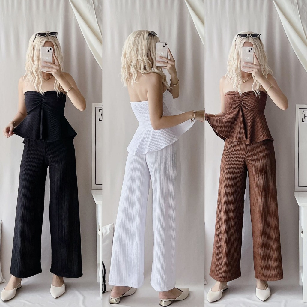 Arrah Flowy Tube Top and Wide Leg Pants Bark Crepe Terno | XS to Medium ...