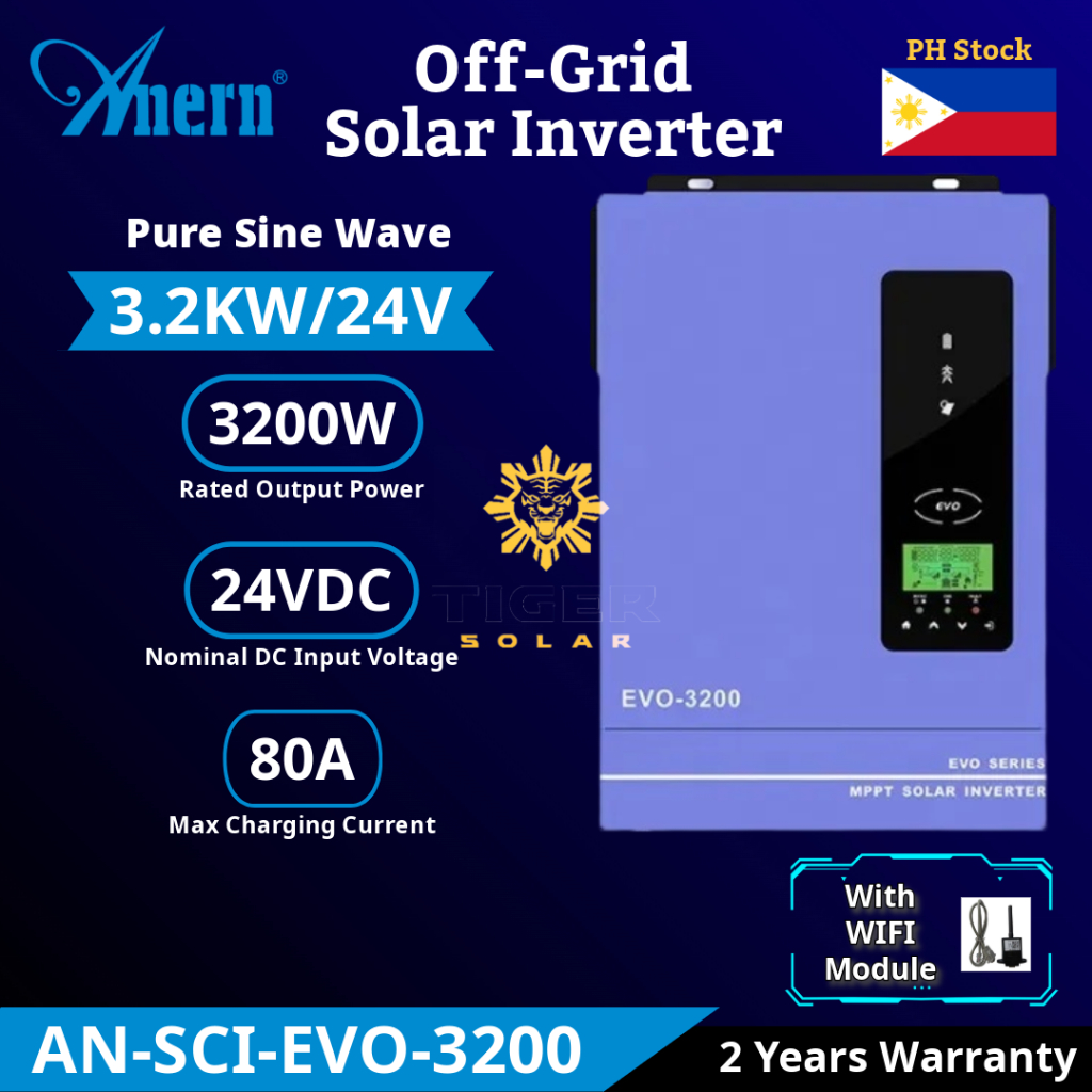 Anern Hybrid Solar Inverter 3KW 24V Hybrid Off Grid Inverter Built in MPPT Solar Charger 30V to ...
