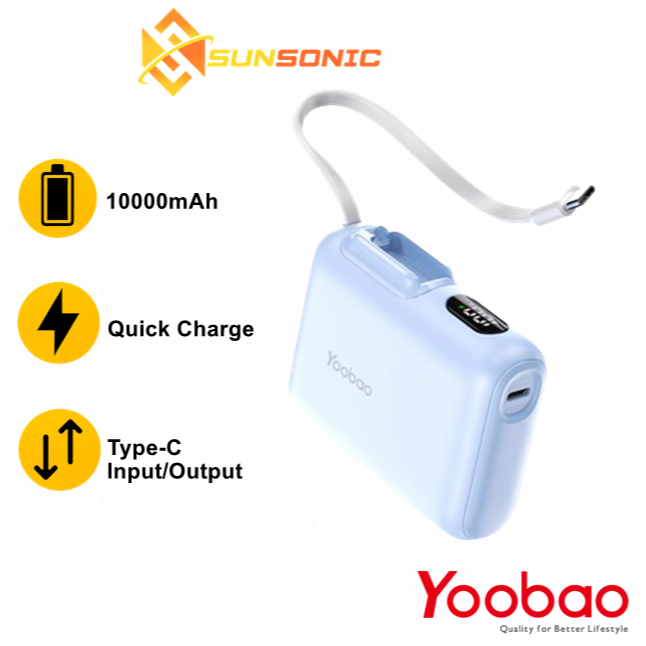 Yoobao Q12 10000mAh Mini Quick Charge Built-in Type-C Cable Original Power Bank with Digital ...
