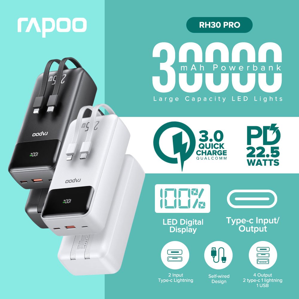 Rapoo RH30pro 30000mAh 22.5W Powerbank with Built-in Cable Fast ...