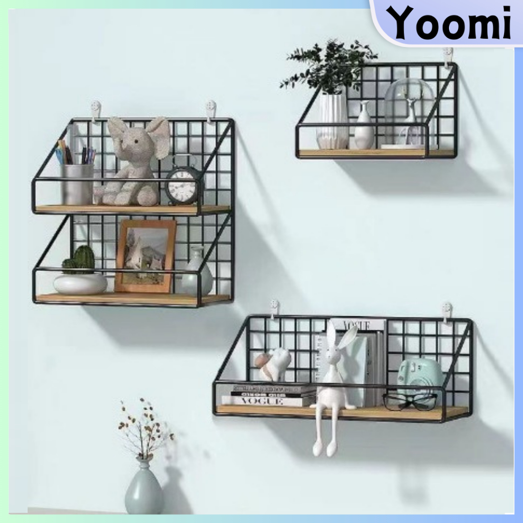 Wall Hanging Storage Rack Wooden Metal Shelf Wall Mounted Home Decor ...
