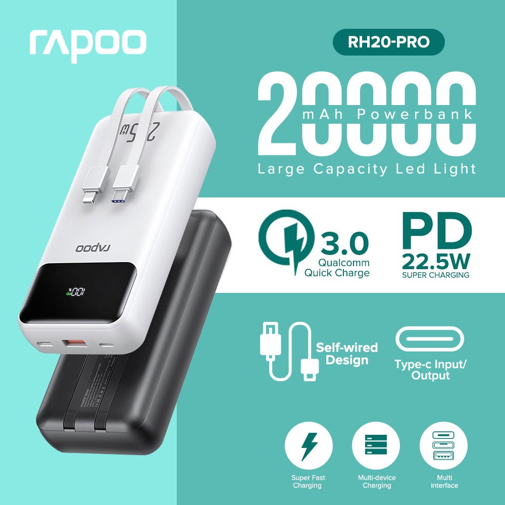 Rapoo RH20pro 20000mAh 22.5W Powerbank with Built in Cable Digital ...