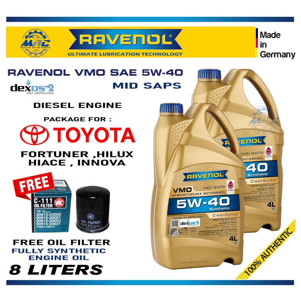 RAVENOL VMO 5W40 DEXOS 2 FULLY SYNTHETIC ENGINE OIL 8 Liters PACKAGE ...