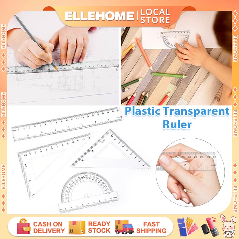 Plastic Transparent Ruler Math Drafting Ruler Set Includes Protractor ...