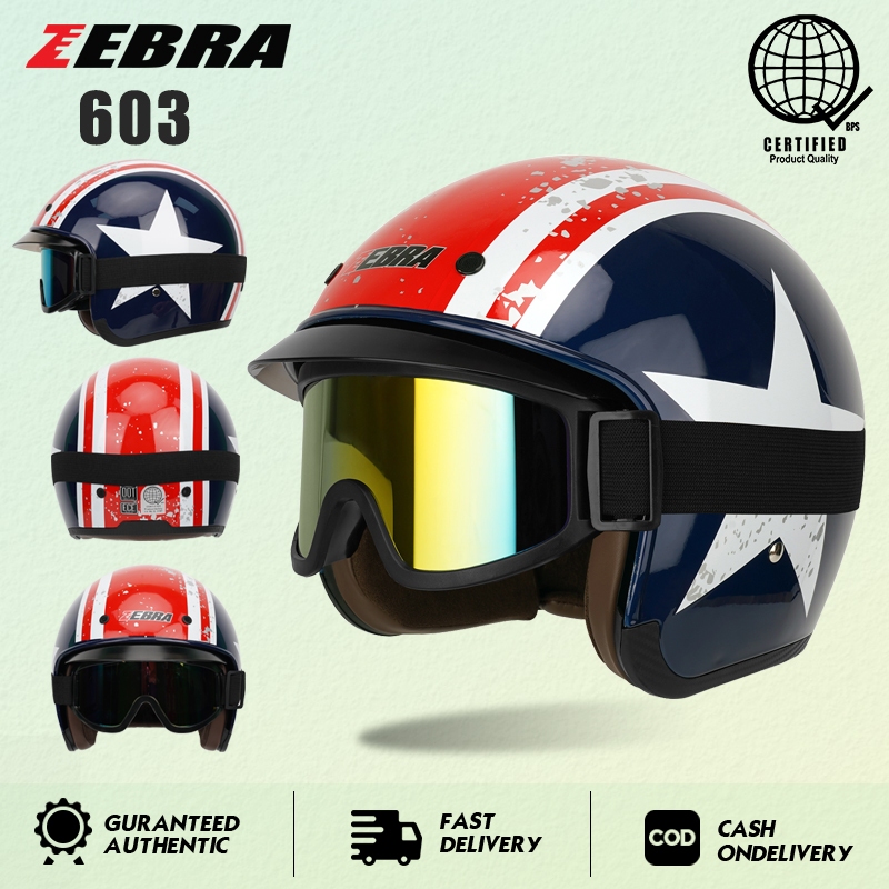 Zebra 603 Motorcycle Half Face Helmet Vintage Harley Retro Single Visor ...