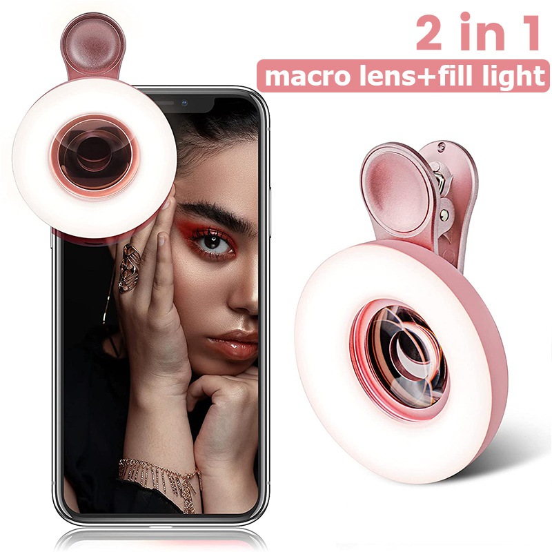 2IN1 HD Mobile Phone Lens Fill Light 15X Macro Portable Selfie LED Ring ...