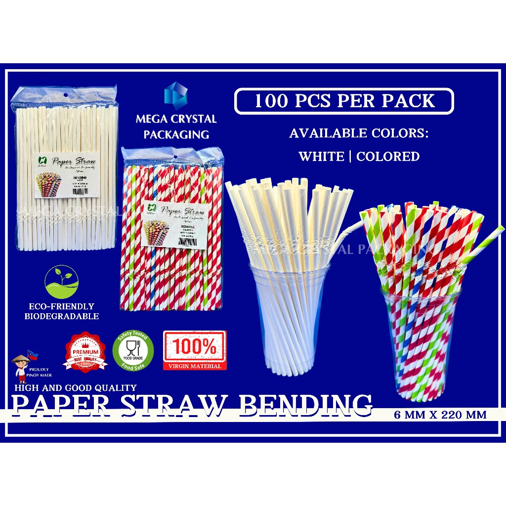 [ 100 Pcs ] Paper Drinking Bending Straw Plain White | Colored Assorted ...