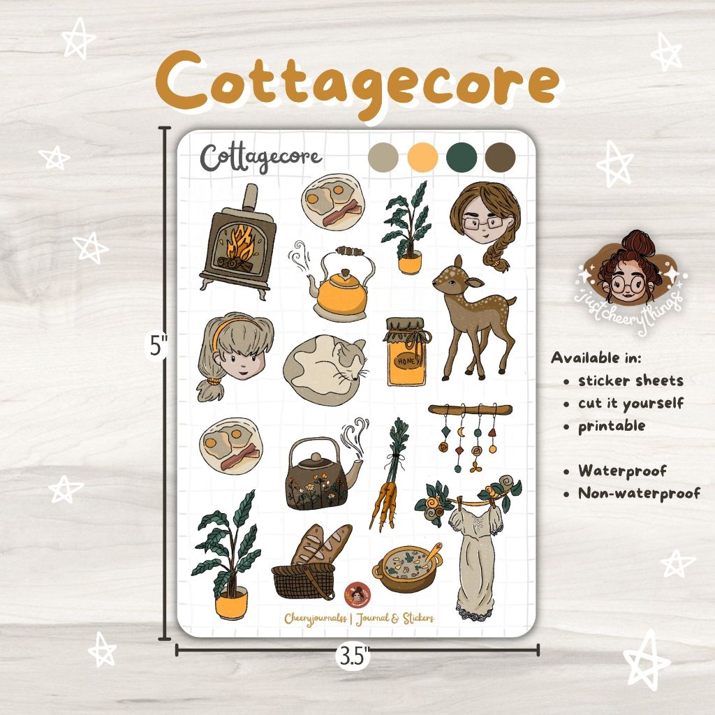 Cottagecore Girl Cute Kiss Cut Sticker Sheet 3.5 x 4.9" for Journal ...