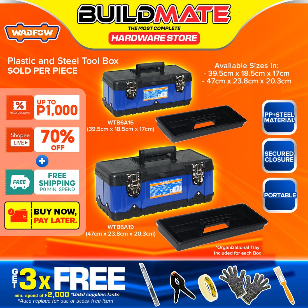 BUILDMATE Wadfow Plastic & Steel Tool Box 15.5" / 18.5" Inch Tools Organizer Storage Toolbox ...