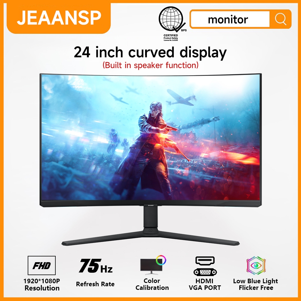 JEAANSP 24 inches Curved screen Frameless Monitor Full HD Gaming IPS ...