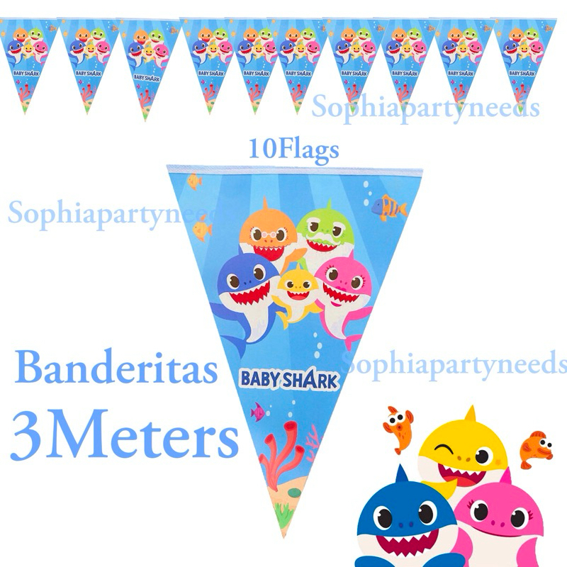 Blue Baby Shark Banderitas Party Flags 3 Meters (10 triangle ...