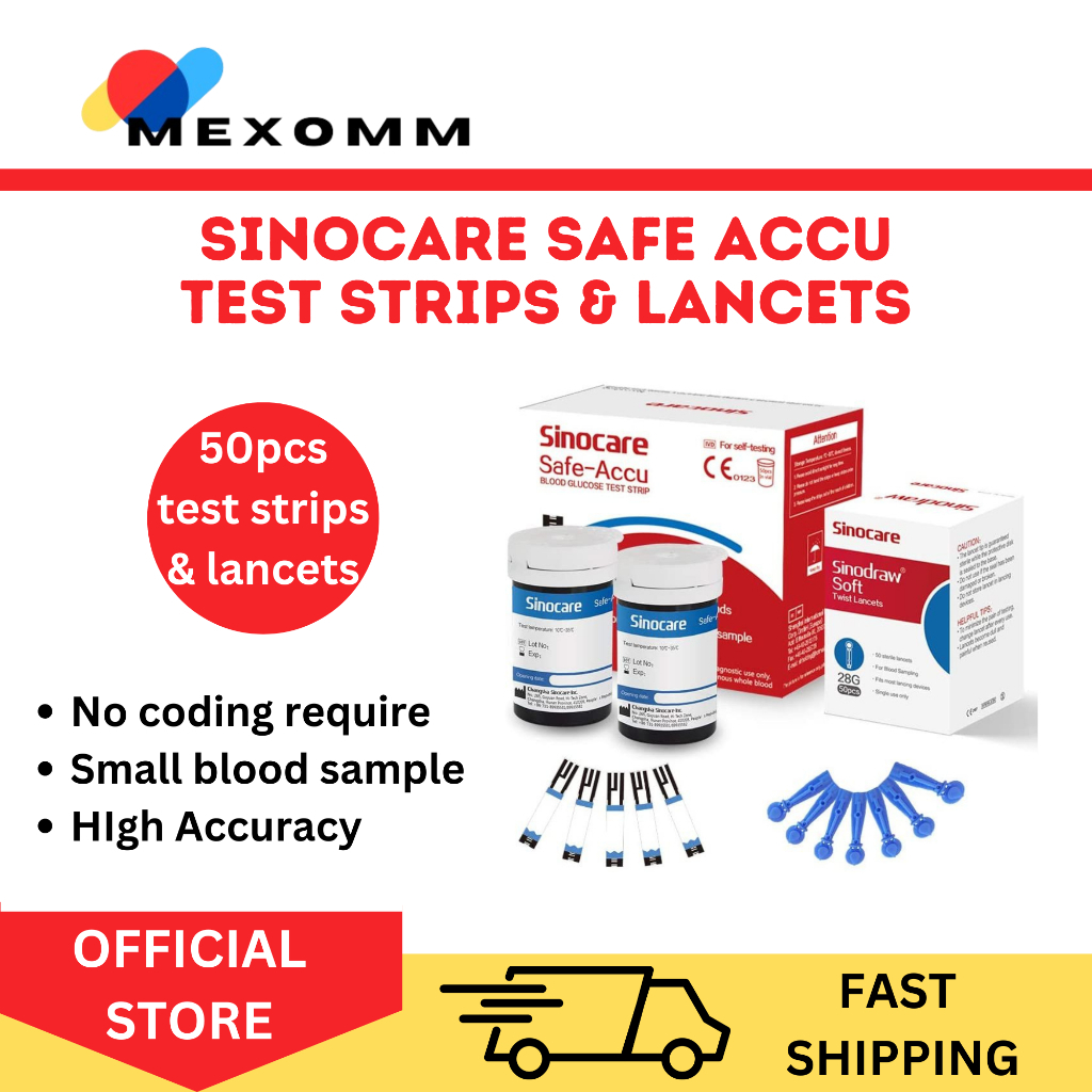 MEXOMM Sinocare Safe-Accu Blood Glucose Test Strips & Lancets (50pcs ...
