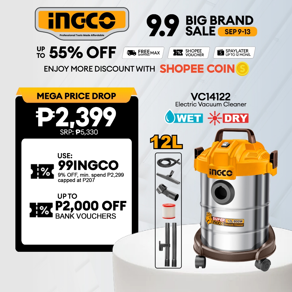 Ingco 800W Electric Vacuum Blower Cleaner 15L -12L For Wet and Dry ...
