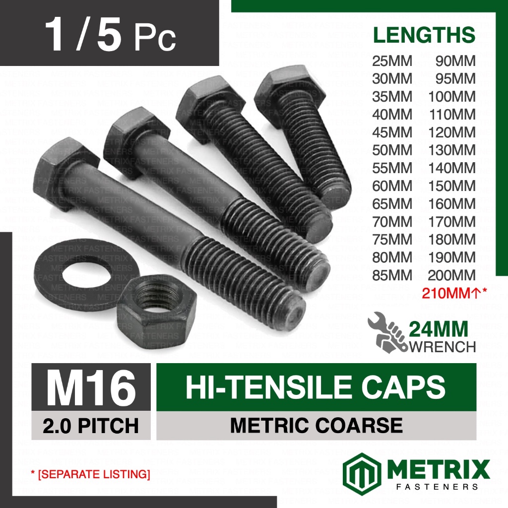 1/5pc M16 - 2.0P NC ( 16MM ) 8.8 High Tensile Hexagon Bolt - Metric ...