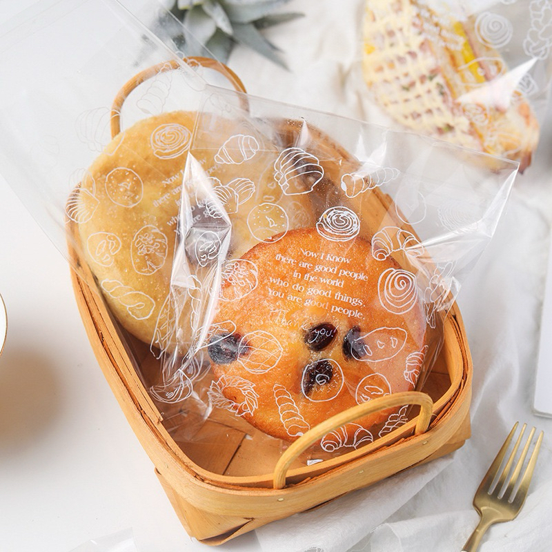 100pcs Plastic Cookie Bag Breads Design with Adhesive Pastry Bag ...