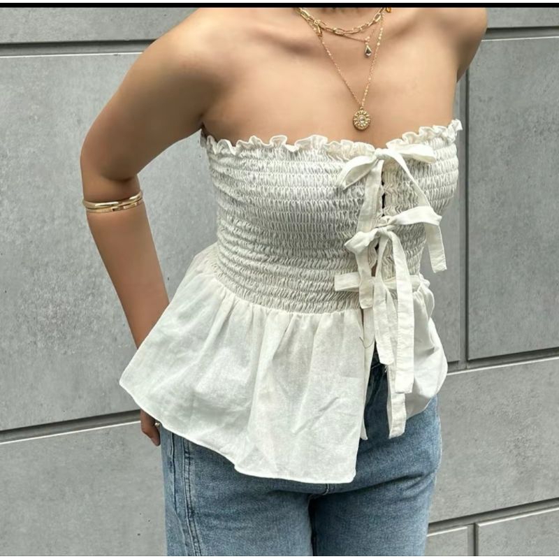 Coquette Ribbon Tube Top Cotton Linen Smocked | Shopee Philippines