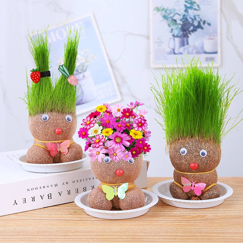 Desk Plant Decoration DIY Grass Head Doll Toy Growing Grass Head Doll ...