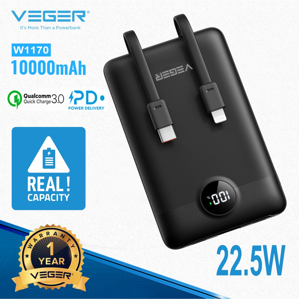 VEGER 10000mAh PD 22.5W Ultra Slim Compact Size Mini Small Fast Charger ...