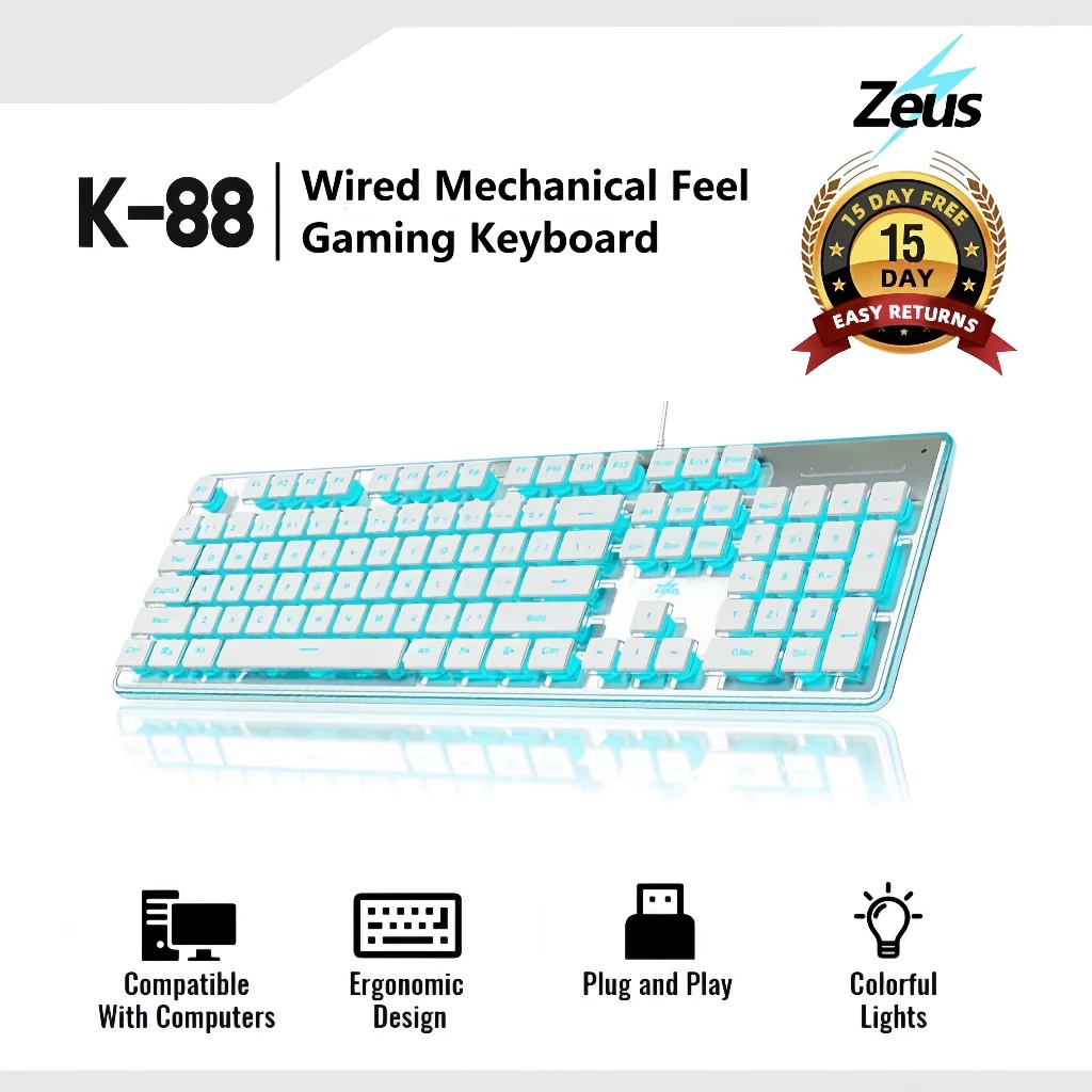 Zeus K-88 Transparent Ice blue backlit Wired gaming keyboard 104 keys ...