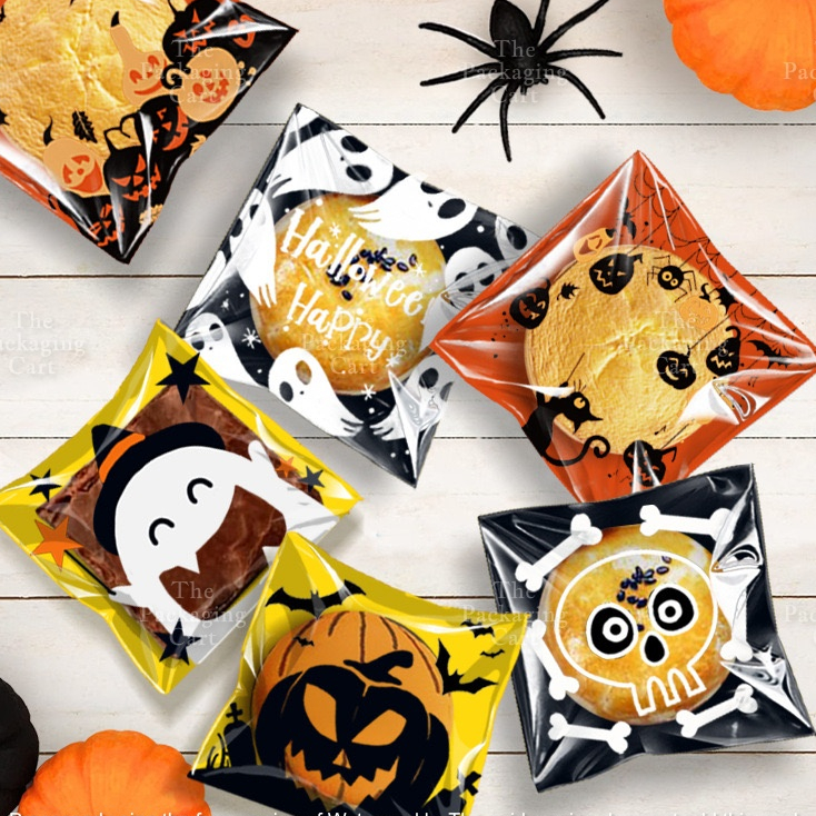 100pcs Halloween Candy Cookie OPP Trick or Treat Pumpkin Ghost Adhesive ...