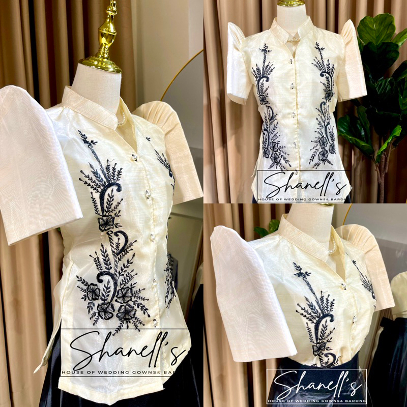 Filipiñiana Terno or Blouse Beige with Black embroidery | Shopee ...