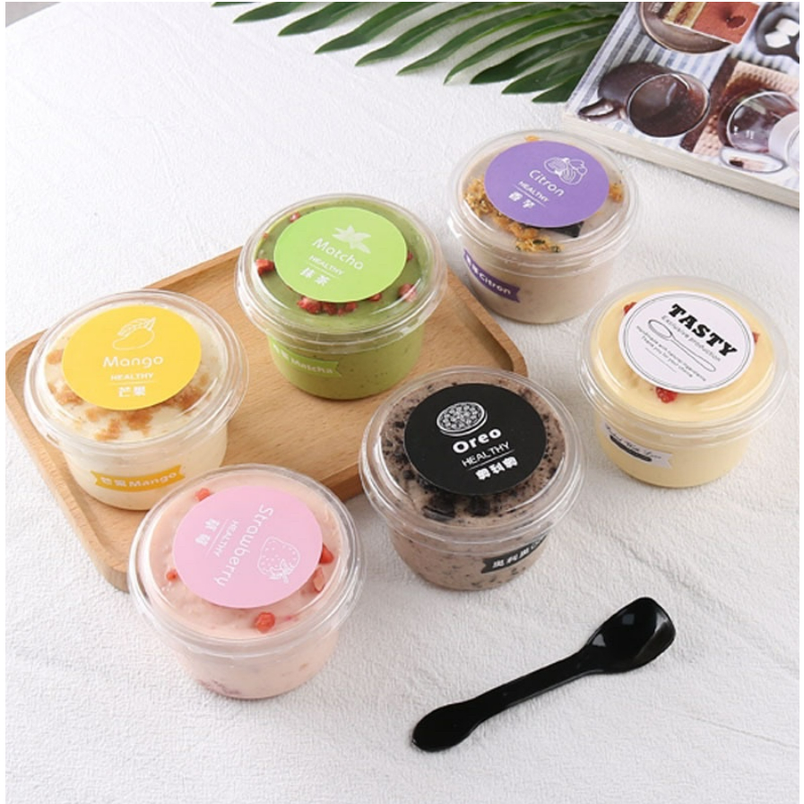 Round Clear Dessert Plastic Container w/ Lid Mousse Mini Cake Ice Cream ...