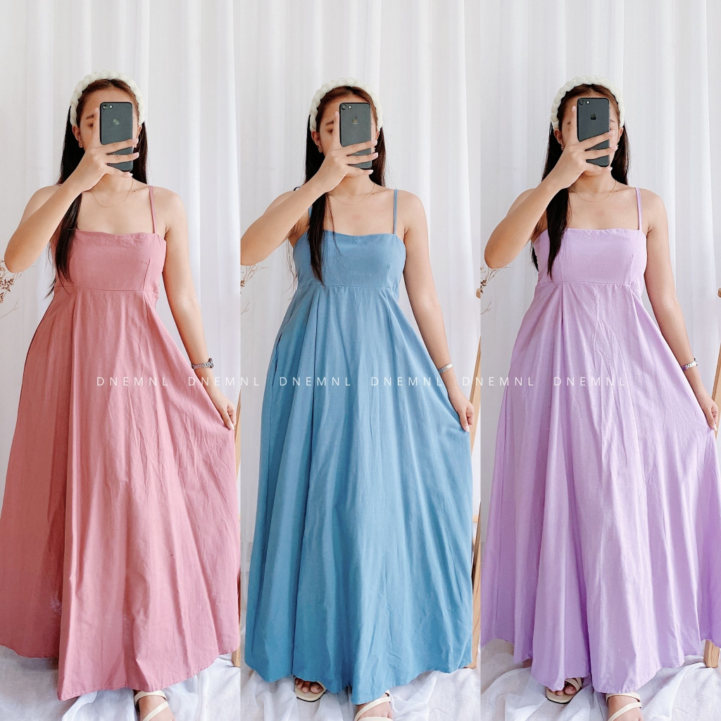 DNEMNLPH Felicia Maxi String Pocket Linen Dress | Korean BKK Pleated Squareneck Sexy Smocked ...