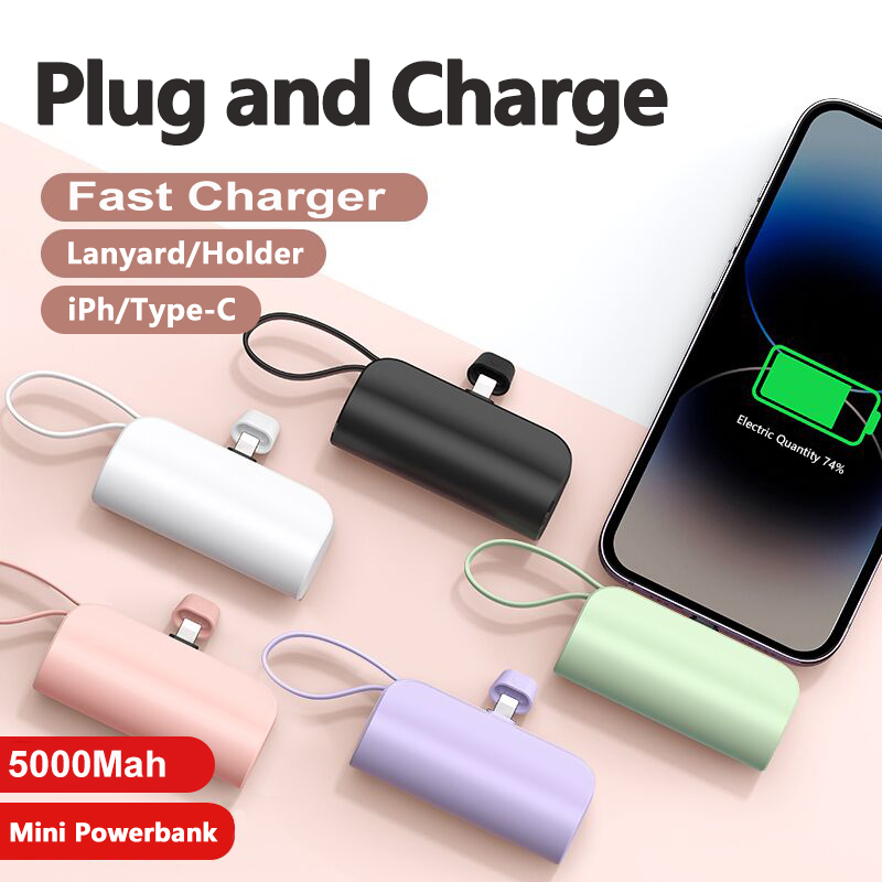 Mini Power Bank 5000mAh Fast Charging Portable Powerbank Built-in Cable ...