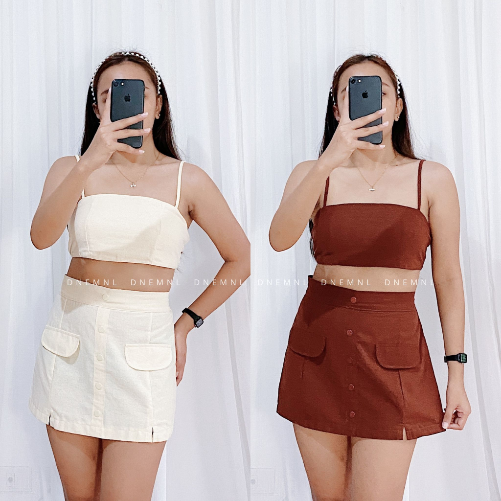 DNEMNLPH Casey Crop Top & Button Skirt Set - Trendy Korean BKK Pockets ...