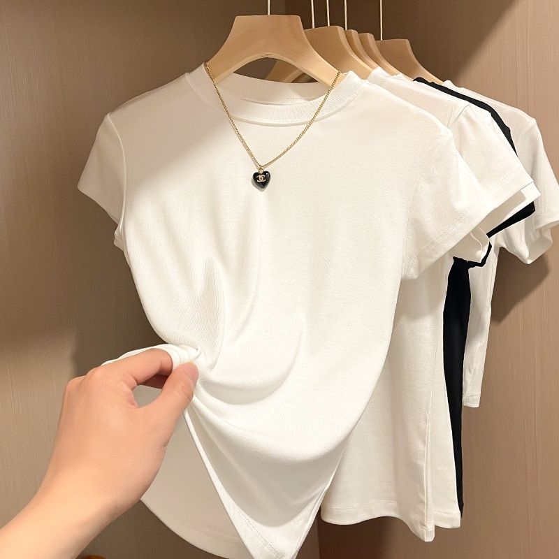 women fashion body hugging top plain round neck blouse short sleeves ...