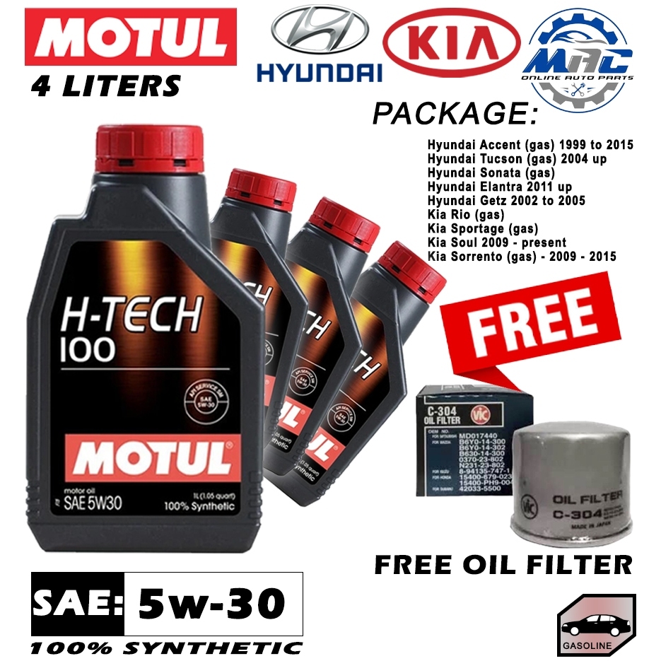 Motul H-Tech 100 Plus 5w30 100% Synthetic 4 Liters free Oil Filter C304 ...