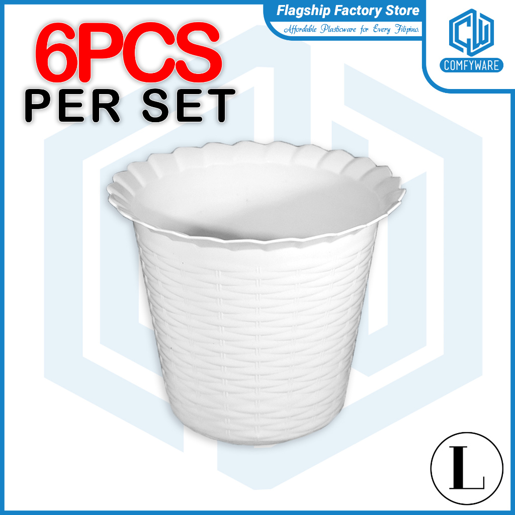 (6PCS/SET) Large 11"H x 12.5"D Wavy White BB Pot Flower Plastic Pots ...