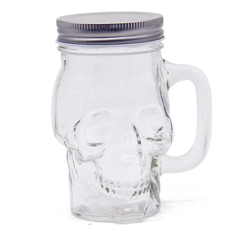 Glass Skulls Shaped Mason Jar Clear Glass Drinking Jar With Lid Handle ...