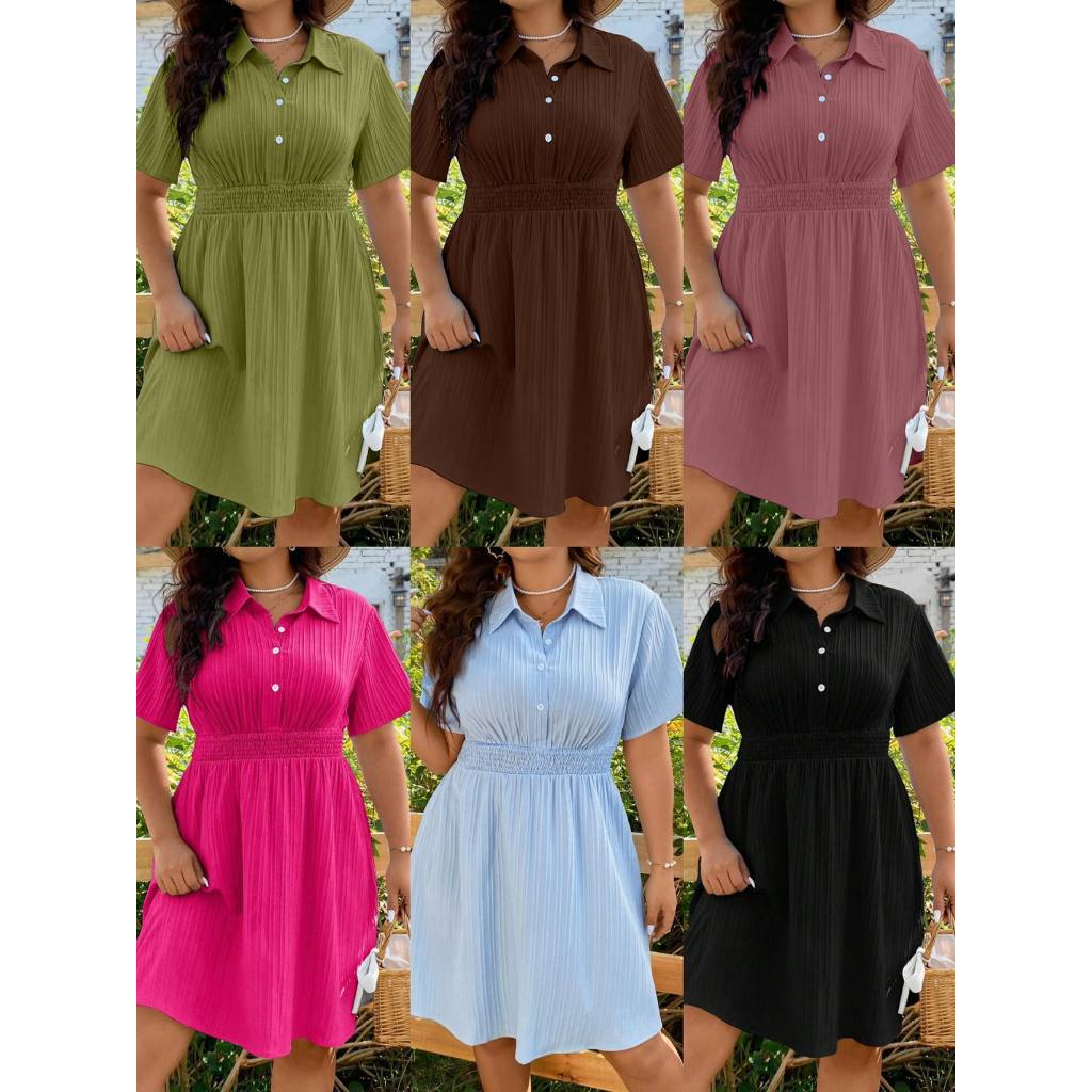 Simplee Button Down Shirred Waist Polo Shirt Plus Size Dress A3228 | Shopee Philippines
