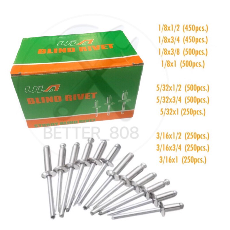Blind Rivets/Rivets PER BOX 1/8×1/2, 5/32×1/2, 1/8x3/4” ULA Brand ...