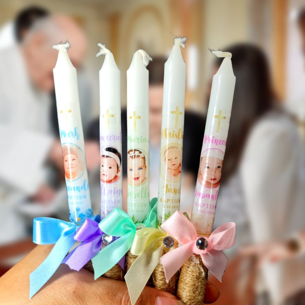 Baptism Candle with ribbon customized with name and photo of the ...