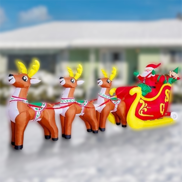 12 FT Christmas Inflatables Outdoor Santa Sit on Sleigh W/THREE ...