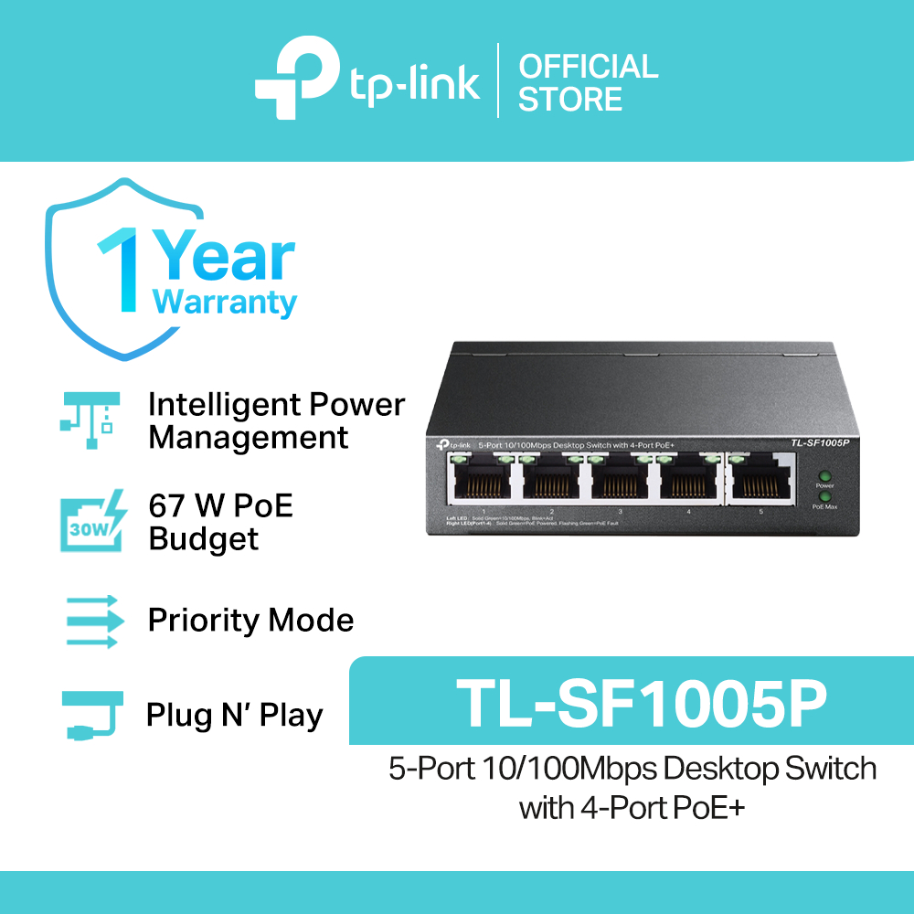 TP-Link | TL-SF1005P | 5 Port | 10/100Mbps | Desktop | Switch | 4-Port ...