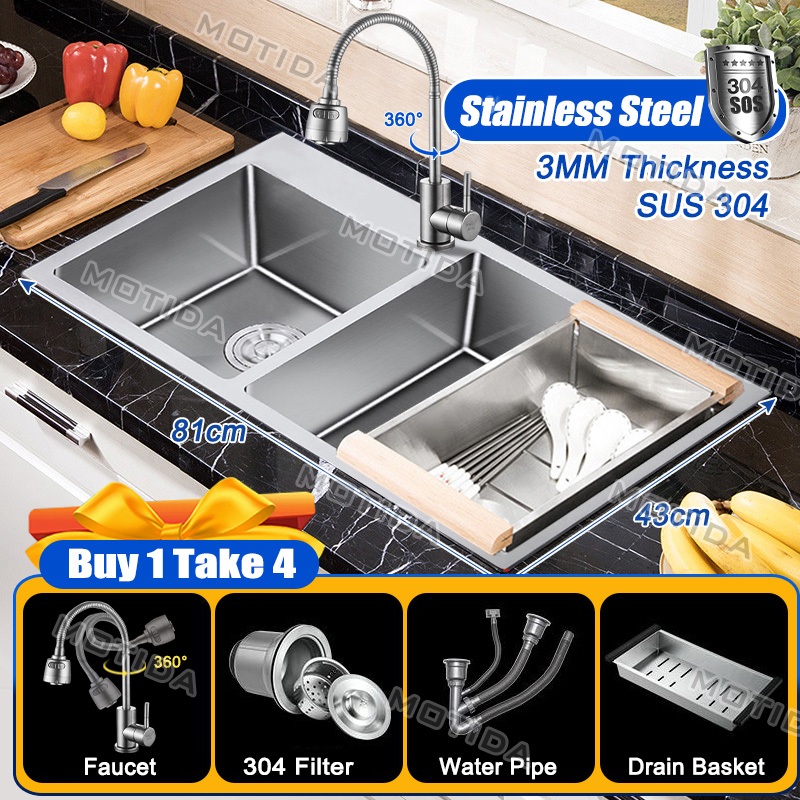 [Free gift] 3mm SUS 304 stainless kitchen sink 2 Stainless Steel ...
