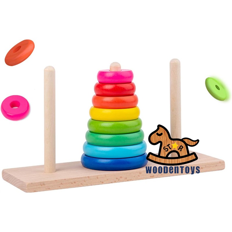 Wooden Towers of Hanoi (8 Rings) Rainbow Blocks Toy with Storage Box ...