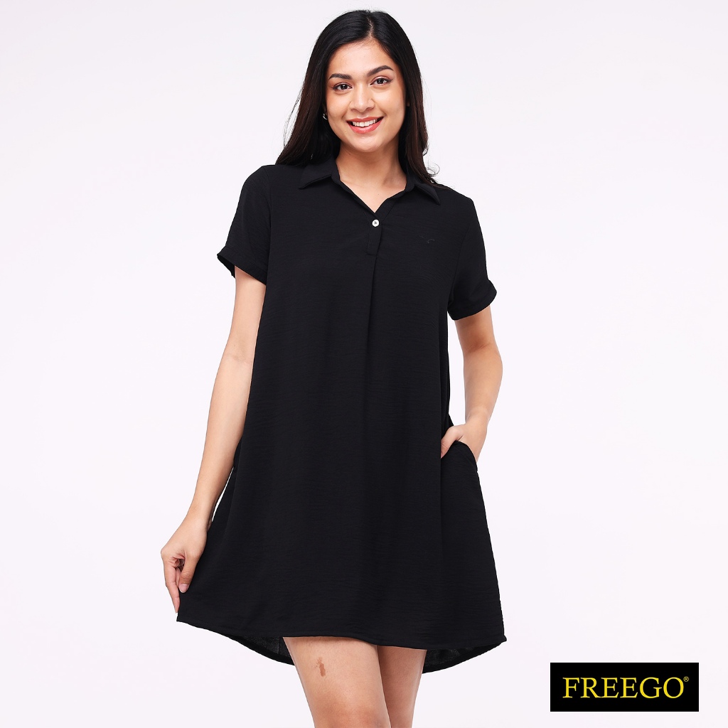 Freego Ladies Woven Plain Linen Wrinkle Short Sleeves Dress AST08-0045 ...