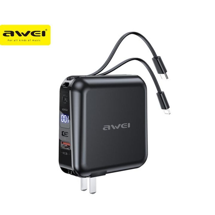 P48K Awei Power Bank 15000mAh 4in1 Built in 2 Cable IOS Type-C Wall ...