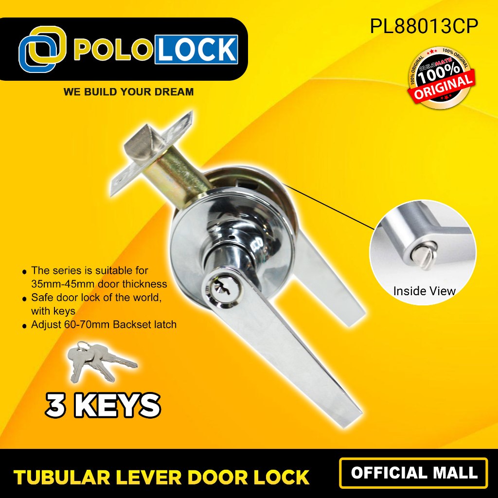 Pololock Tubular Lever Door Lock Chrome Plated Home Security Main ...