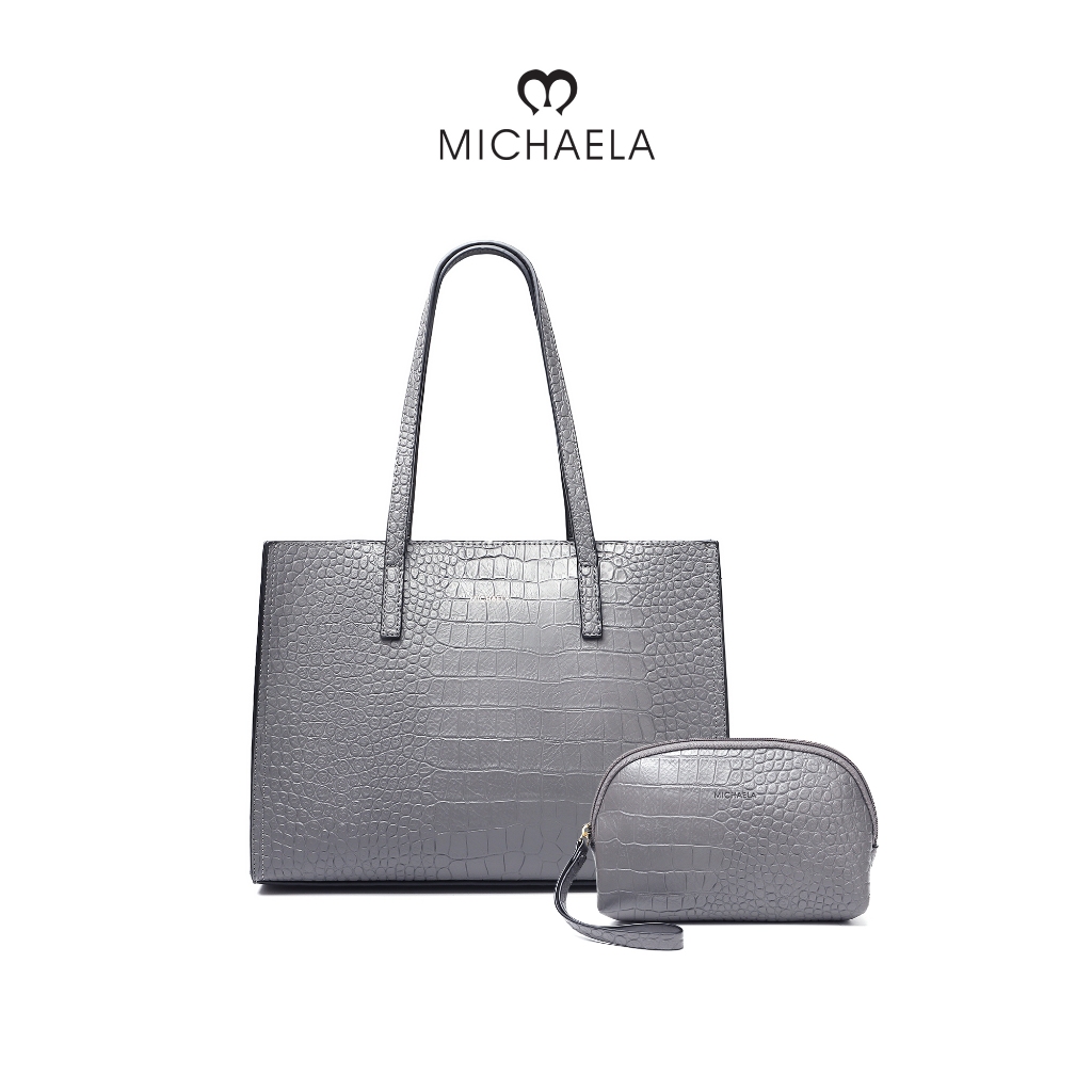 MICHAELA Large Tote Bag Set 2 PCS Crocodile Pattern Shoulder Bag with Wristlet Pouch MHB19045 2Q ...