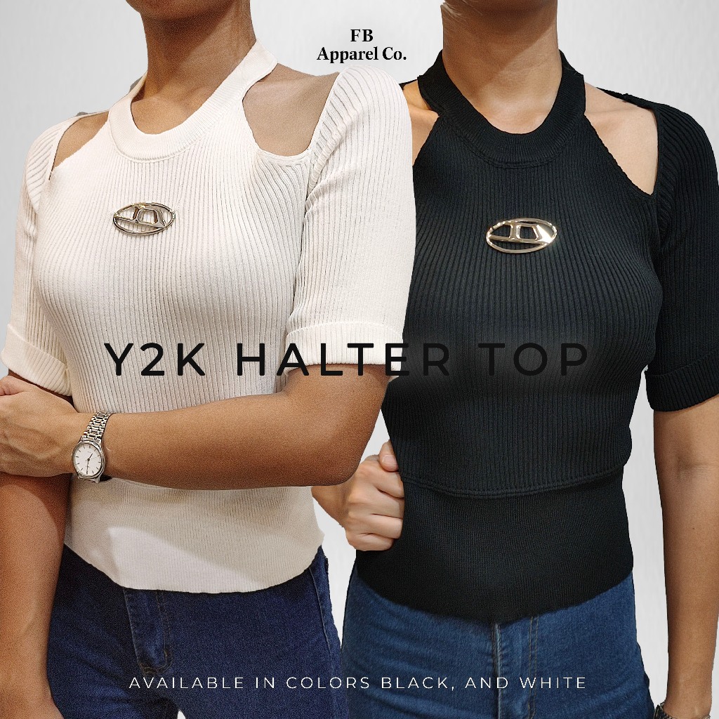 Y2K diesel Top Korean Aesthetic Sexy Halter Ribbed Knitted Top with 3/4 sleeves and Y2K chest ...