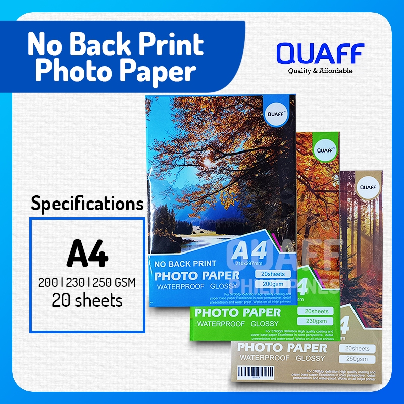 QUAFF Glossy No Back Print Inkjet Photo Paper A4 Size 200GSM / 230GSM / 250GSM (20pcs/pack ...