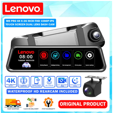 LENOVO M8 PRO 4K WIFI GPS Car DVR Dash Camera 9.66 Inch Streaming Media Dual Camera Front & Rear ...