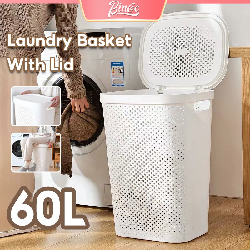 BINCOO 60L Laundry Basket Japanese Style with Cover Hollowed out ...