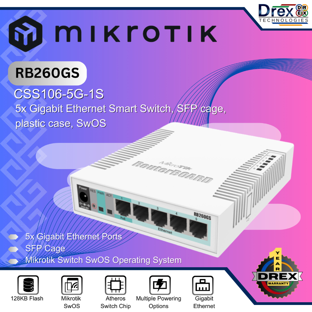 Mikrotik RB260GS (CSS106-5G-1S) SOHO Switch 5x Gigabit Ethernet, one ...