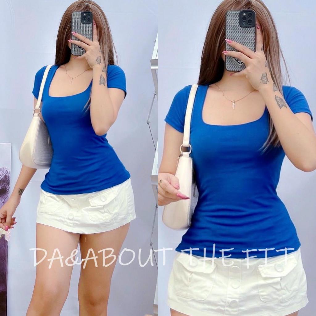T-shirt Double Lining Basic Square Neck Slim-fitting Womenswear Casual ...